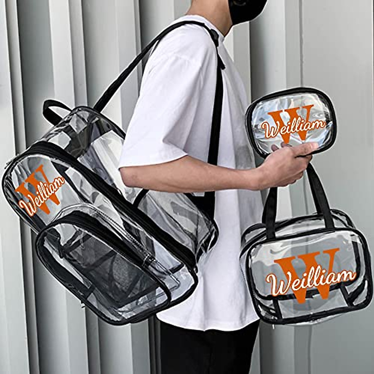 Arisaniasion Custom 3PCS Clear Backpack, Custom Name See Through Bookbags Transparent Backpack, Lunch Box Bag and Penecil Case Set(#2Black-3Pcs)