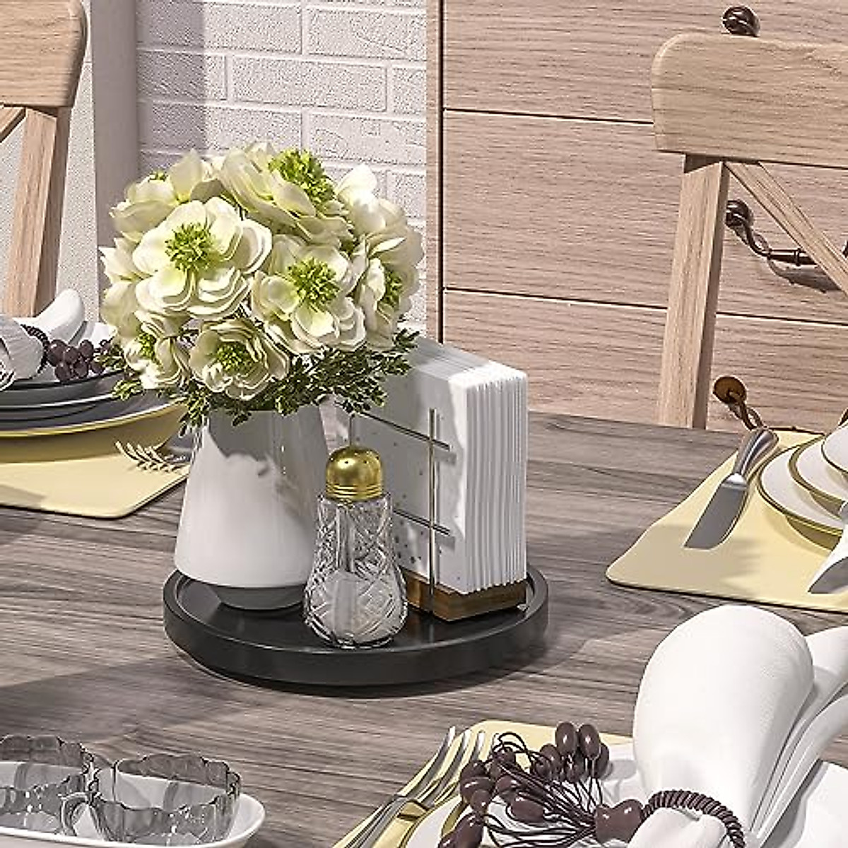 Lazy Susan Organizer for Table Cabinet, 9 inch Bamboo Kitchen Countertop Organizer for Salt Olive Oil and Pepper Counter Sink Trays Wooden Turntable for Spice Soap Bottles Dining Room Decor Black