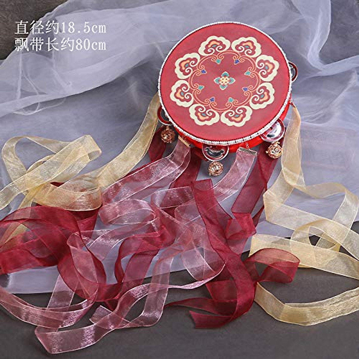 Hanfu Hand Drum with Red Ribbon Retro Tambourine Ancient Accessories Hand-Held Ribbon Drum