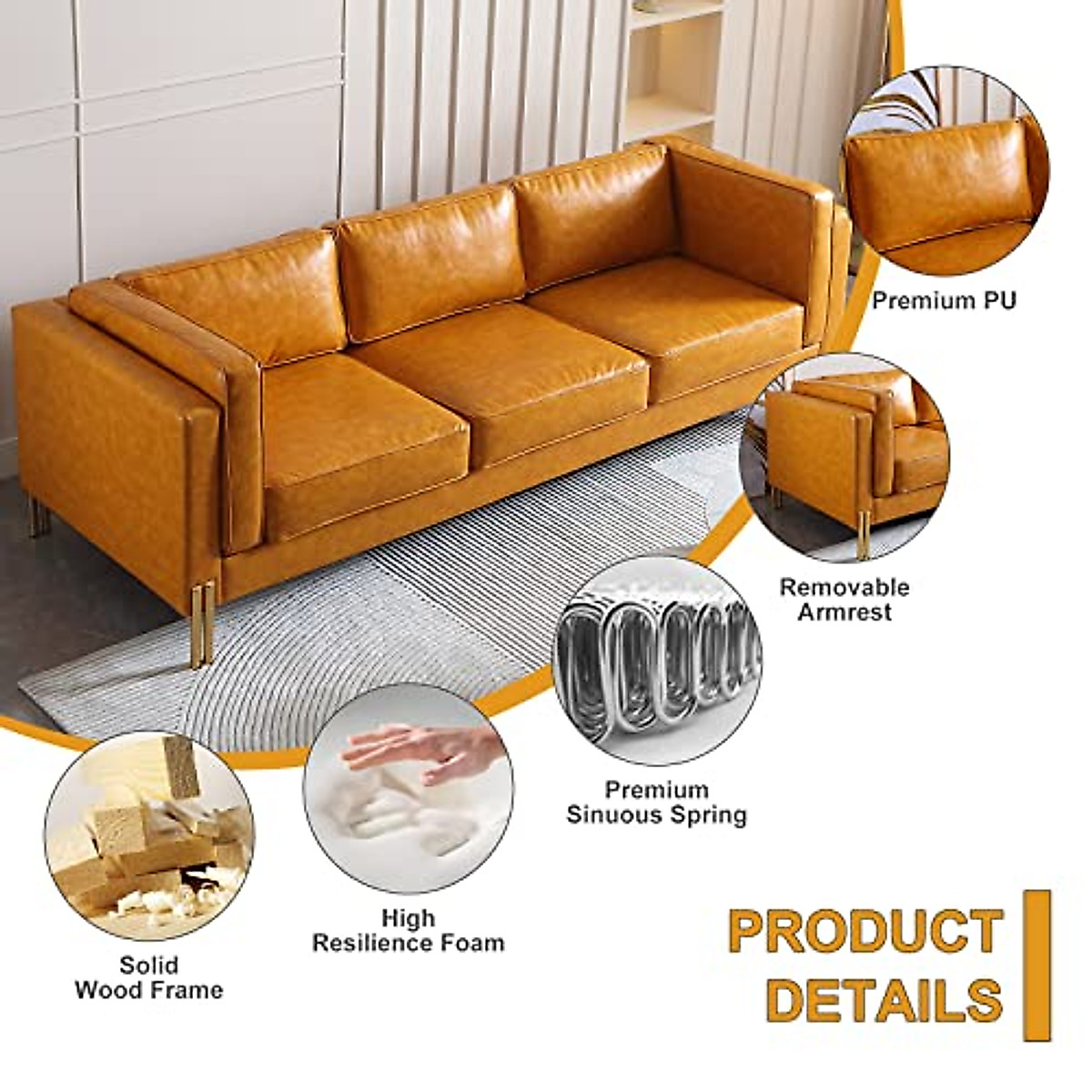 Hommoo Faux Leather Sofa 94" Large 3 Seater Sofa with Removable Cushions Mid Century Modern Couch for Living Room Comfy Couch with Gold Metal Legs Apartment Couch Brown