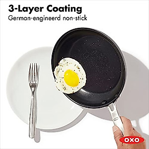 OXO Good Grips Pro, 8" 10" and 12" 3 Piece Frying Pan Skillet Set, 3-Layered German Engineered Nonstick Coating, Stainless Steel Handle, Dishwasher Safe, Oven Safe, Black