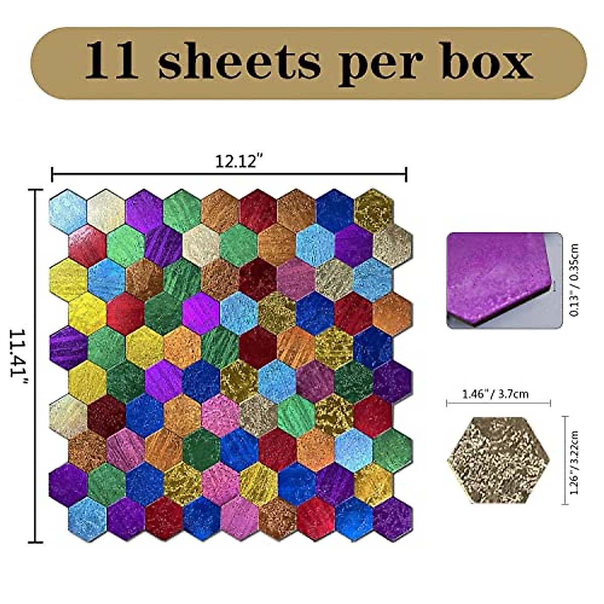 XUANINY Peel and Stick Backsplash Tiles, Rainbow Hexagon Aluminum Surface Metal Mosaic Sticker, Rainbow-Colored Wall Sticker for Living Room, RV，Bar (11.45"x11.02") (11, Hexagon Rainbow Colored)