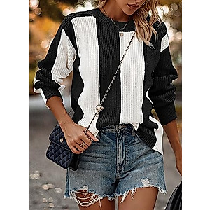 PRETTYGARDEN Women's 2023 Fall Knit Pullover Sweater Casual Long Sleeve Color Block Jumper Blouse Tops (Black,Large)