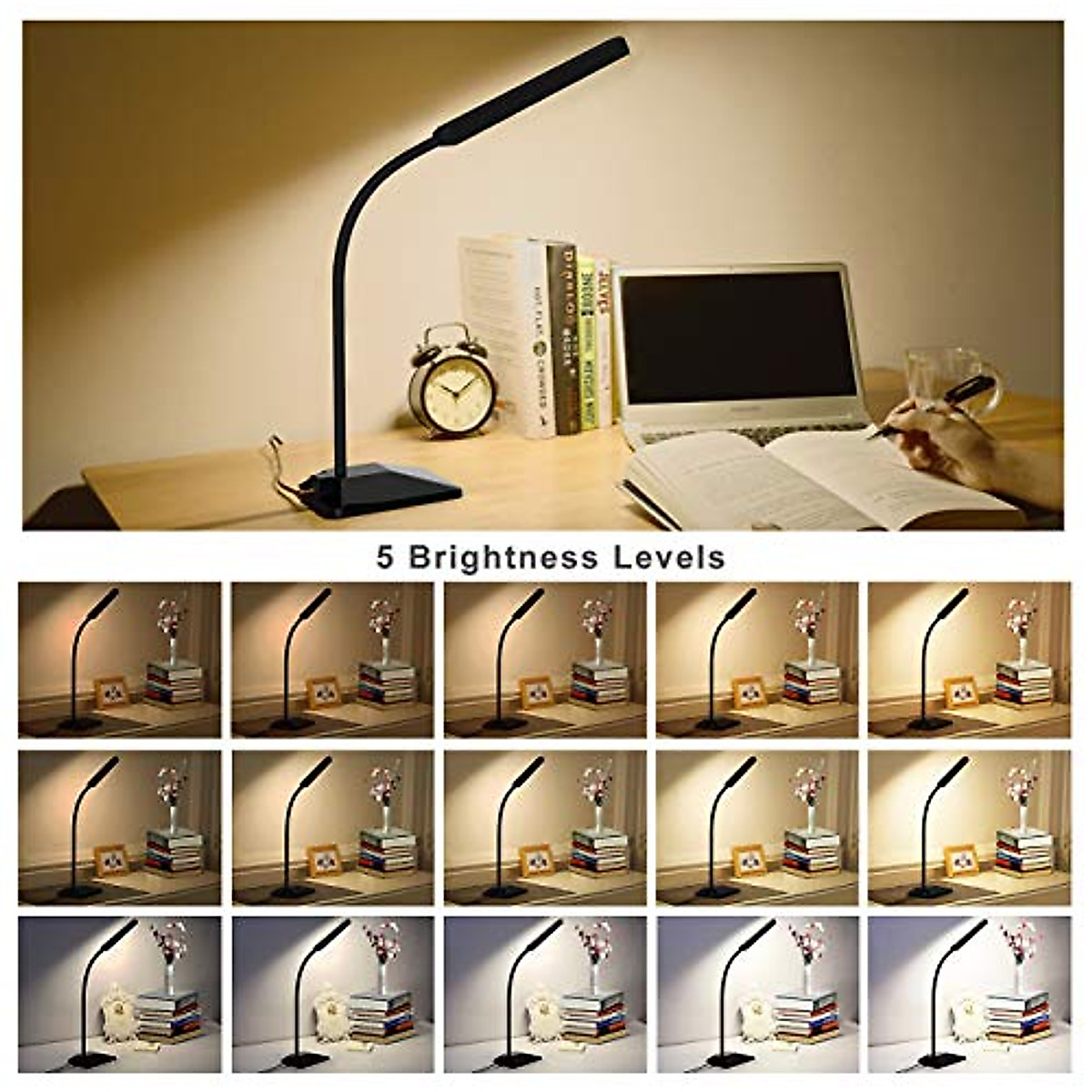 Byyoulike LED Desk Lamp Flexible Gooseneck Table Lamp with Touch Control 5 Brightness Levels Adjustable Night Light Eye-Caring Dimmable Table Light(Black)