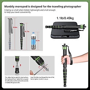 Manbily Camera Monopod Aluminum Portable Compact Lightweight Travel Monopod with Carrying Bag Walking Stick Handle,for DSLR Canon Nikon Sony Video Camcorder (Aluminum, Green&Black)