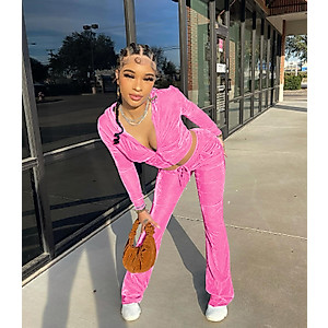 Yeshire Women's 2 Piece Outfits Velvet Sweatsuits Zip-up Hoodie Jacket Casual Jogging Set Tracksuit Set with Pockets Large Pink