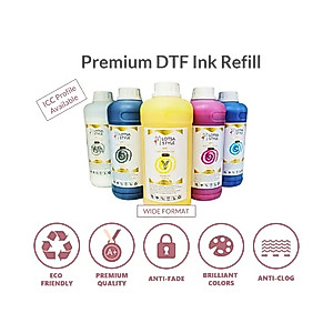 Premium PRO DTF Ink Refill for Inkjet Printers Heat Transfer Film Printing, Large and Wide Format Commercial Edition (250ml x 6, CMYK Wh)