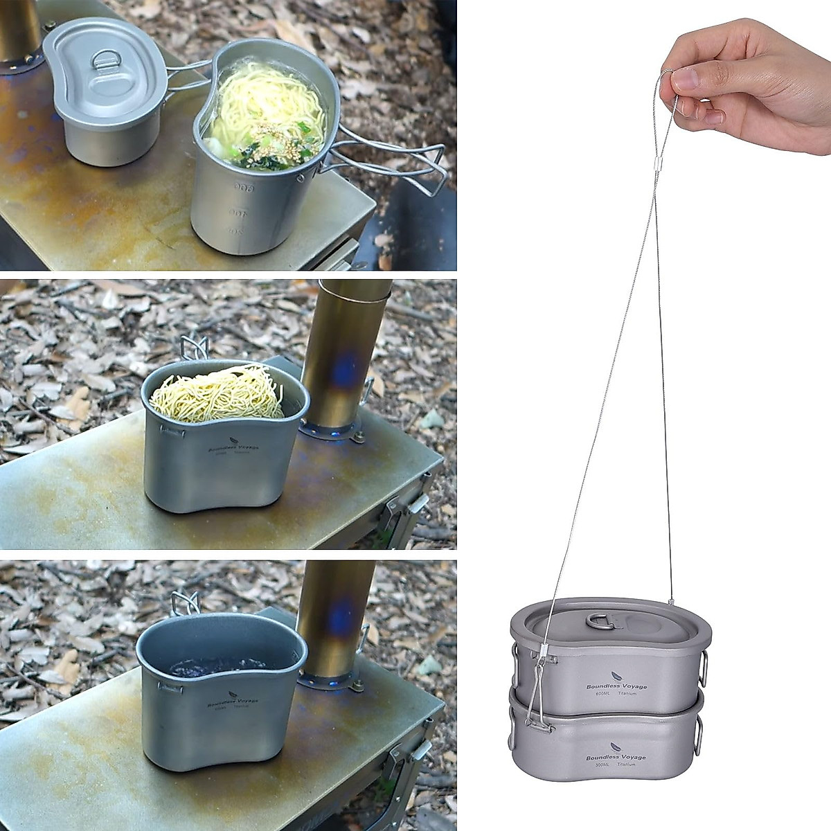 usharedo Boundless Voyage Titanium Camping Pots Set with Hanging Ring Ultralight Portable Bowl Picnic Cookware Titanium Canteen Mess kit for Outdoor Hiking Backpacking Mountaineering Ti15123B