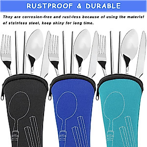 3 Pack Camping Silverware Set, CKANDAY 12 Pcs Knife Fork Spoon Chopsticks Stainless Steel with Carrying Case Rustproof Tableware Flatware for Traveling Picnic Working Hiking-Black/Blue/Light Blue
