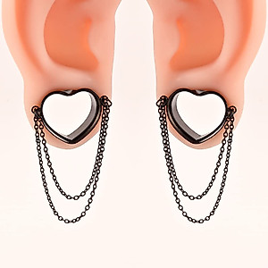 Atomhole 2PCS Cute Heart Ear Gauges with Chains Hypoallergenic 316 Stainless Steel Plugs for Ears Tunnels Piercing Expander Stretchers Body Jewelry (10mm(00G), Black)