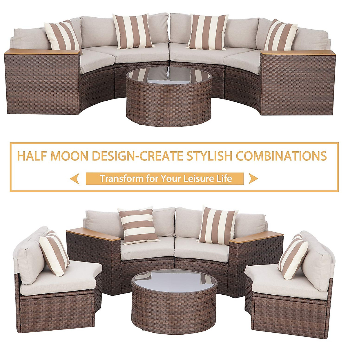 Incbruce Outdoor Half Moon Patio Furniture 5-Piece Curved Outdoor Sofa, All-Weather Outdoor Sectional Furniture Patio Conversation Sets with Round Tempered Glass Top Table(Brown Cushions)