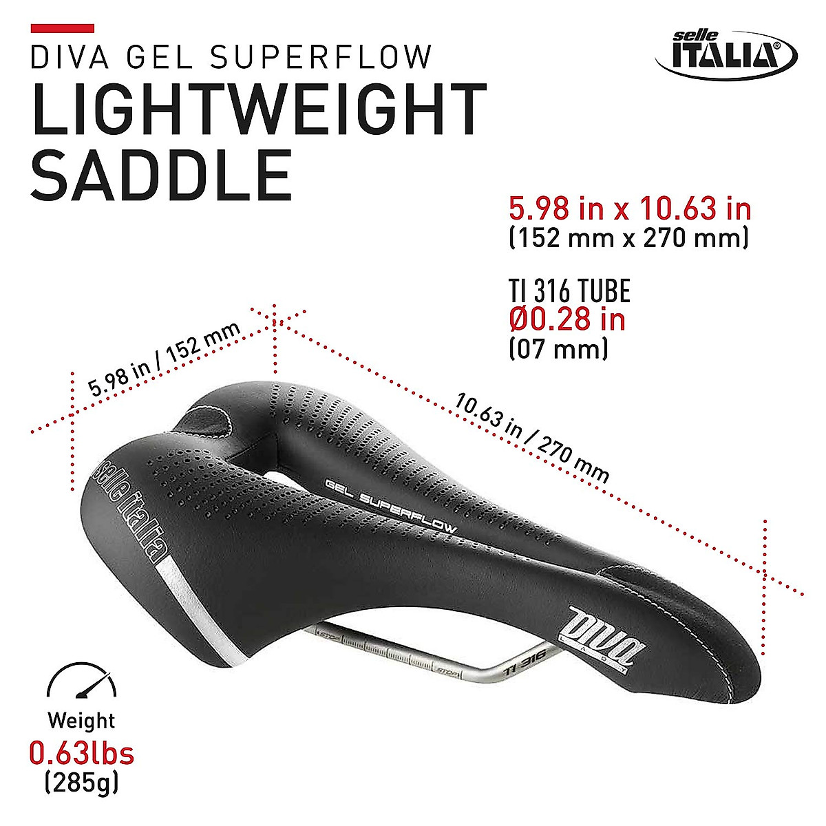 Selle Italia, Diva Gel Superflow, L, MTB and Road Bike Saddle, 270 x 152mm, Women, 285g