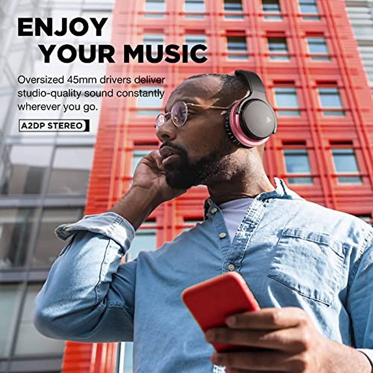 PurelySound E7 Active Noise Cancelling Headphones, Wireless Over Ear Bluetooth Headphones, 20H Playtime, Rich Deep Bass, Comfortable Memory Foam Ear Cups for Travel, Home Office -Pink