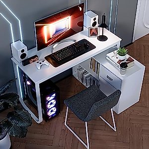 Cozy Castle L-Shaped Computer Desk, Home Office Desk, Corner Desk with Drawer and 2 Shelves, Study Writing Table with Storage Cabinet, Combination Computer Desk, White