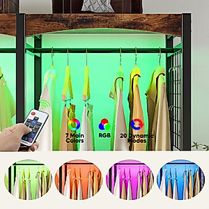 Bestier Metal Freestanding Wardrobe Storage Unit with Wooden Top Shelf & Built In Color Changing Lights w/7 Colors and 20 Dynamic Modes, Rustic Brown
