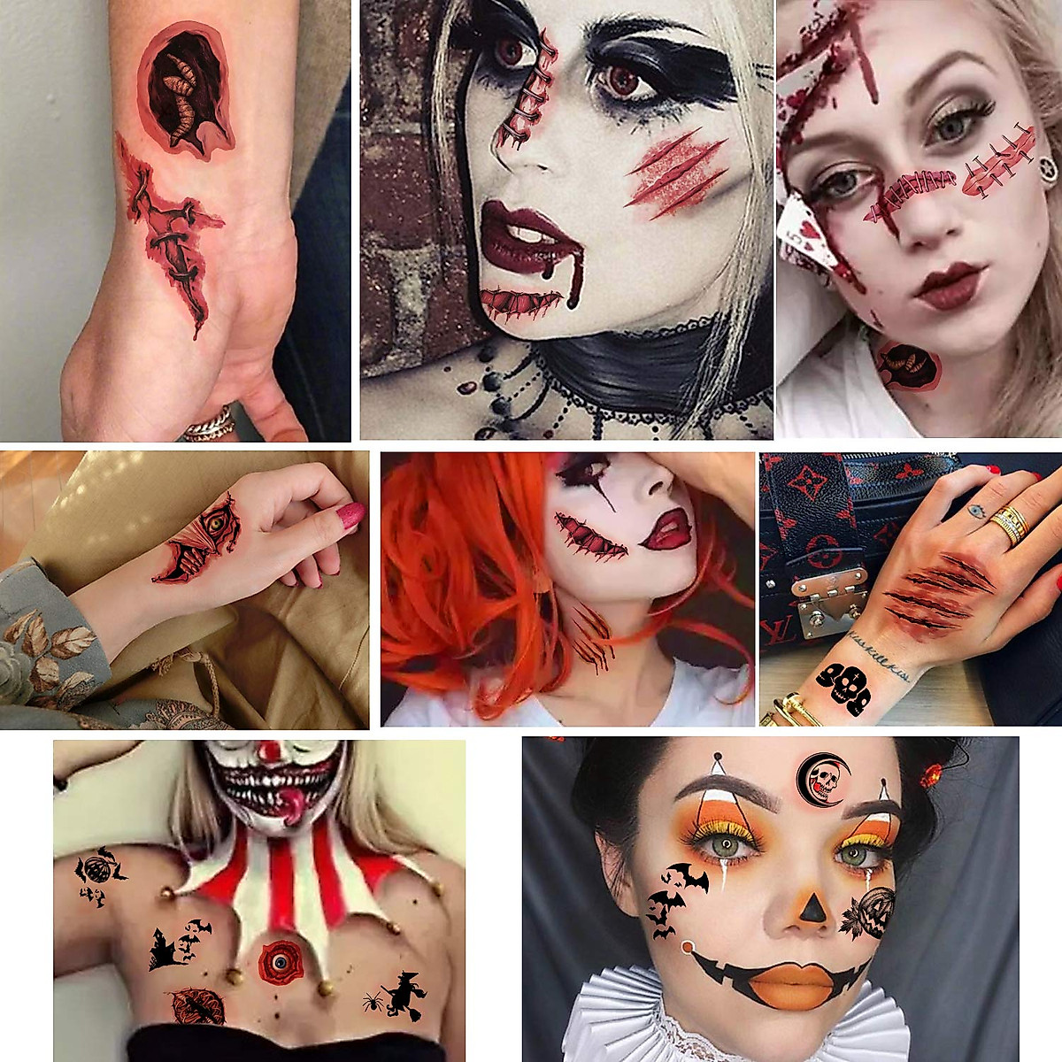 Yazhiji 42 Sheets Halloween Temporary Tattoo Family Set Day of Dead Pumpkin Ghost for Women Black Fake Death Skull Skeleton Tatoos for Men Boy and Girl, Halloween Zombie Makeup Tattoo Kit