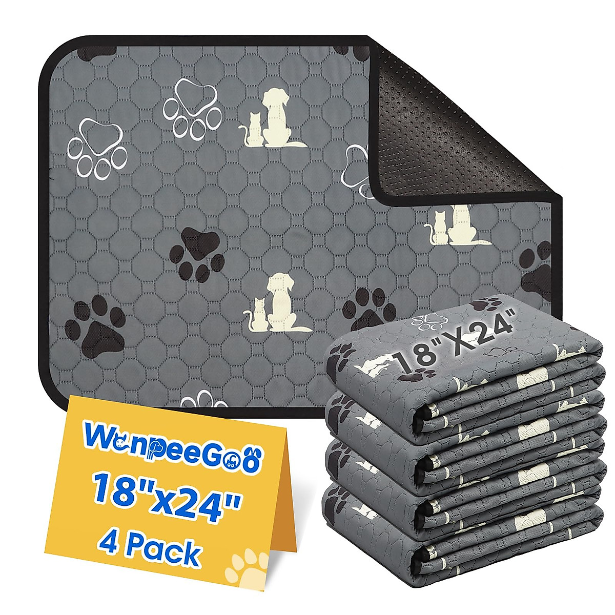 WanpeeGoo Washable Pee Pads for Dogs, 4 Pack Absorbent Reusable Training Dog Pads Pet Puppy Pads, Non-Slip Potty Pads for Whelping, Playpen, Crate, Bed, Grey 18"x24"
