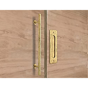 MIWOOYY 23 inch Barn Door Handle Distressed Gold - Rustic Sliding Barn Pull Flush Door Handles with Lock Hook Latch Sets, for Barn Door Gates Garages Sheds