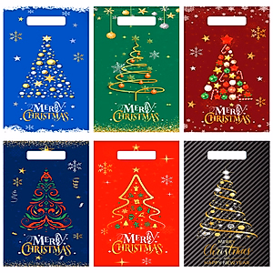 Hotop 150 Pcs Christmas Treat Bags Christmas Tree Goodies Bags Bulk Plastic Candy Treat Snacks Bags with Handles for Holiday Cookie Goody Gift Merry Christmas Party Favor Supplies, 6 Styles