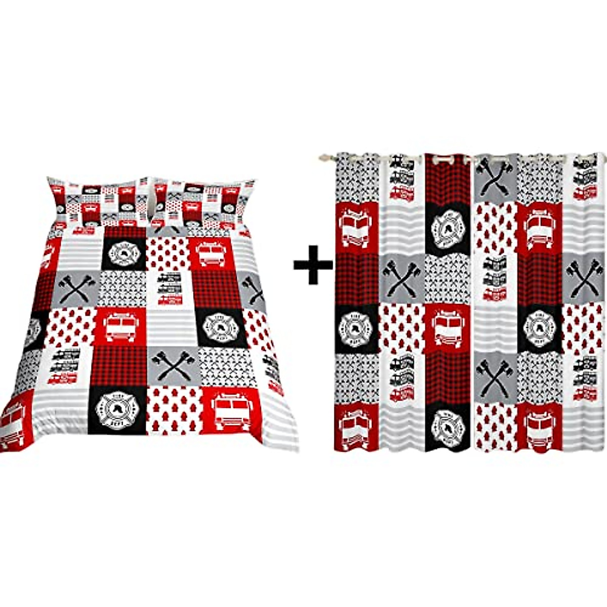 5Pcs Red Fire Truck Car Duvet Cover Set Queen Size & Curtain Set: 1 Duvet Cover + 2 Pillowcase + 2 Panels of 42 W x 63 L inch Each