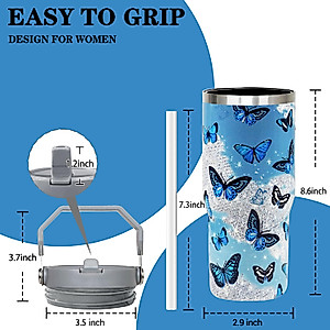 Butterfly Tumbler with Handle and Straw, Stainless Steel Vacuum Insulated Flip Straw 30 oz Blue Butterfly Tumbler Spill Proof Coffee Travel Mug Butterfly Gifts