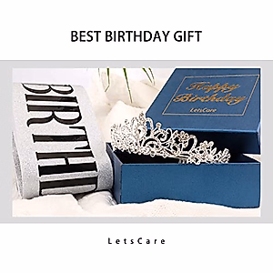 LetsCare Birthday Girl Sash and Tiara for Women Birthday Sash & Rhinestone Crown with Comb, Gift Kit for Birthday Decorations & Party Favors(Sliver)