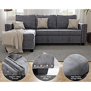 Ucloveria, 91" Sleeper Sofa Reversible Storage Chaise Living Room L-Shape Lounge 2 in 1 Sectional Couch with Pull Out Bed, Delta Gray, Dark Grey