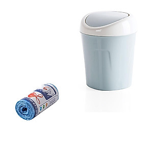 AISIBO Plastic Mini Desktop Trash Can with Trash Bags, Tiny Wastebasket Small Garbage Waste Bin with Swing Lid for Tabletop Table Office Kitchen Bedroom Bathroom (Blue)