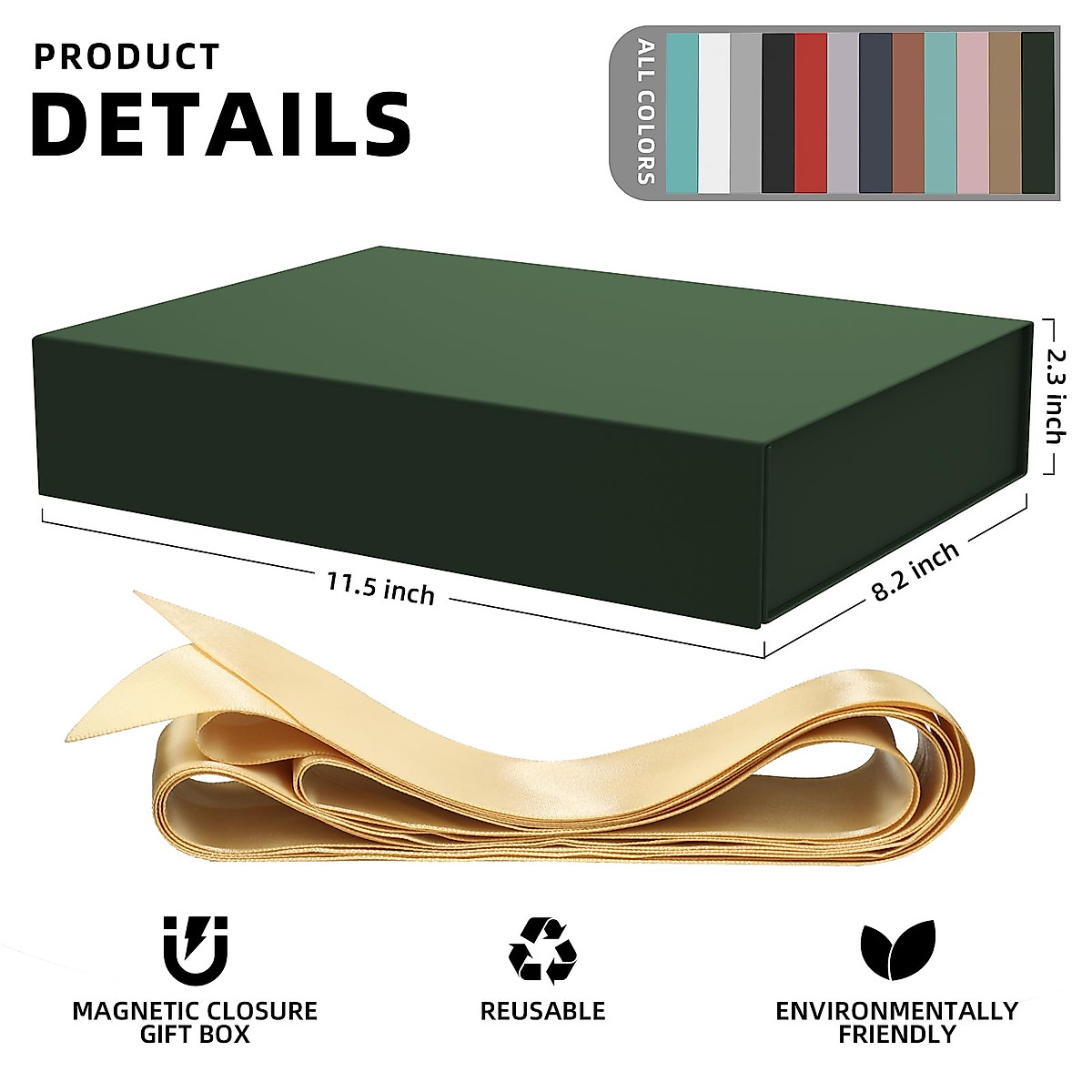Gift Box with Lids, 11.5 x 8.5 x 2.3 In Magnetic Closure Collapsible Gift Boxes for wraps gifts of T-Shirts, Gloves, Scarves, Candy, Baby Clothes, Jewelry, Books, Comes with a Ribbon(Forest green)