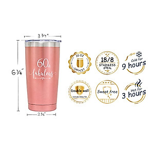 Crisky 60 & Fabulous Vacuum Insulated Tumbler for Women 60th Birthday Gifts for Wife, Mom, Sister, Aunt, Friends, Coworker Her, 20oz Rose Gold Tumbler with Box, Lid