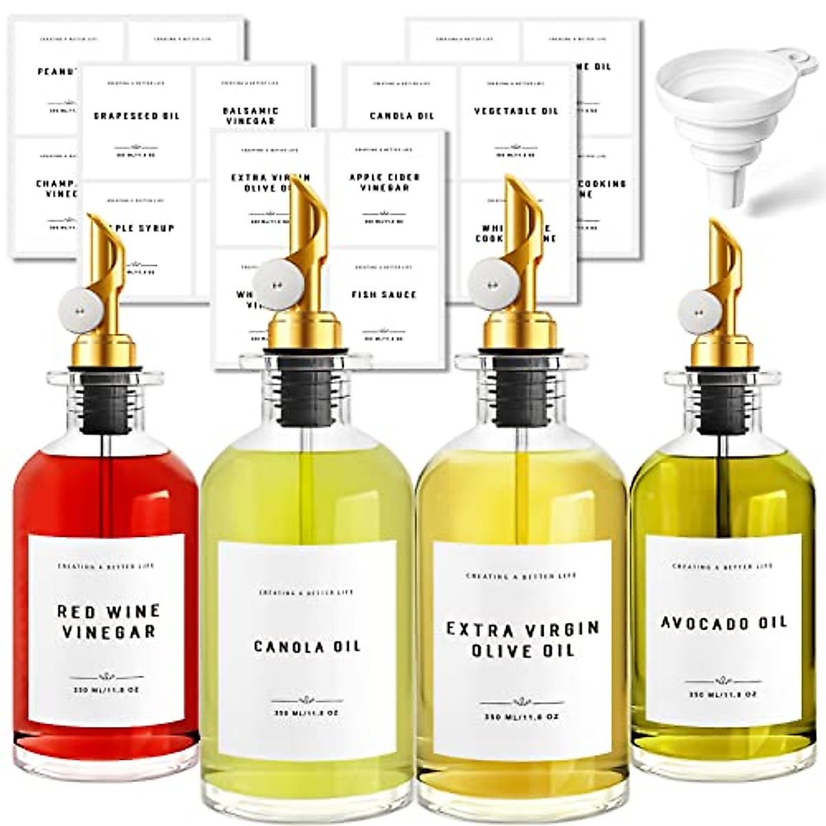 JOUXKOT Glass Oil Dispenser 4 Pack, Oil and Vinegar Dispenser Set w. Brass Color Weighted Pourer, Olive Oil Dispenser, Coffee Syrup Dispenser, Oil Dispenser Bottle for Kitchen