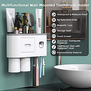 Toothbrush Holder Wall Mounted, Automatic Toothpaste Dispenser Squeezer Kit -Magnetic Toothbrush Holder for Bathroom and Vanity, 4 Brush Slots 2 Cups 1 Cosmetic Drawer1 Large Storage Tray by showgoca