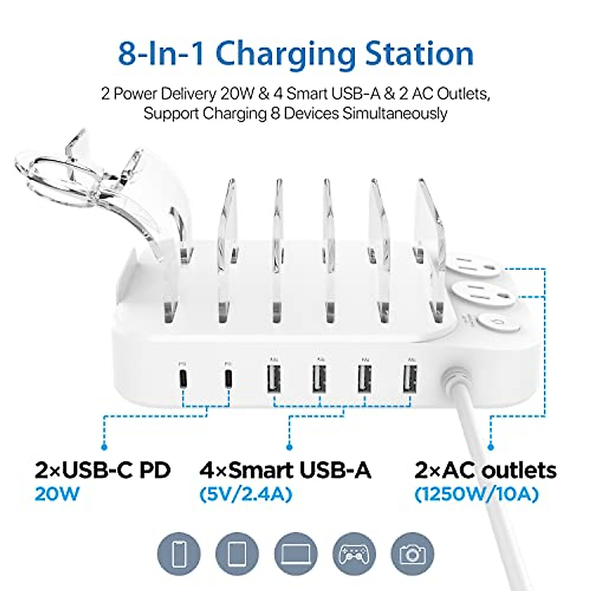 SooPii 70W 6 Port USB Charging Station for Multiple Devices With 2 AC Outlets,4 USB-A Ports and 2 USB C PD Ports,6pcs Mixed Charging Cables Included,Compatible for Tablets,Phones and Other Electronics