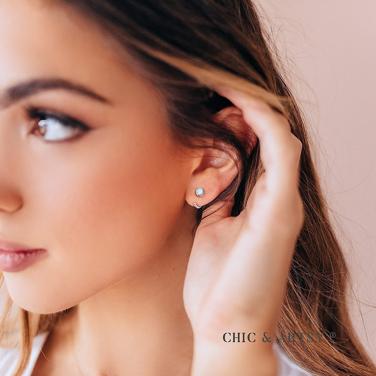 Huggie Hoop Earring 925 Sterling Silver Synthetic White Opal Earrings for Women Open Hoop & Half Hoop Earrings Tiny Hug Hoops