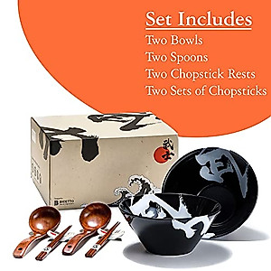 BICETTO Ceramic Japanese Ramen Bowl Set, 60oz Large Ramen Bowls with Chopsticks, Spoons and Chopstick Rests – Bowl for Ramen, Pho, Salad, Poke, Soup, Udon – Minimalist Design, Premium Quality, Black