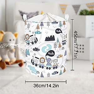 Clastyle 45L Urban Traveling Animals Elephant Nursery Laundry Basket Lion Tiger Train Round Toy Clothes Storage Basket for Kindergarten, 14.2x17.7 in