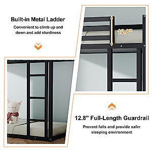 iRoll Full Over Full Bunk Bed, Metal Bunk Bed with Built-in Ladder and Full-Length Guardrail, Low Floor Bunk Beds for Boys Girls & Adults, Noise Free, No Boxing Spring Needed, Space Saving, Black