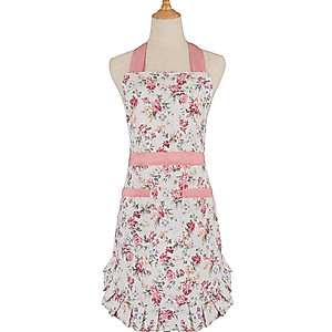 ALIPOBO Lovely Apron for Women, Lady’ s Cotton Apron with Adjustable Neck Strap, 2 Pockets and 41.5” Long Ties, Cute Apron for Kitchen Cooking, Home Baking - 30” x 27” - 1 Pcs