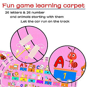 DoRlPIeY Kids ABC Pink Play Rug, Girl Alphabet Rugs with Numbers Animal Train and Road Shapes Learning Fun Educational Carpet, Playmat for Kid Bedroom Playroom 31x47 in Small Pattern