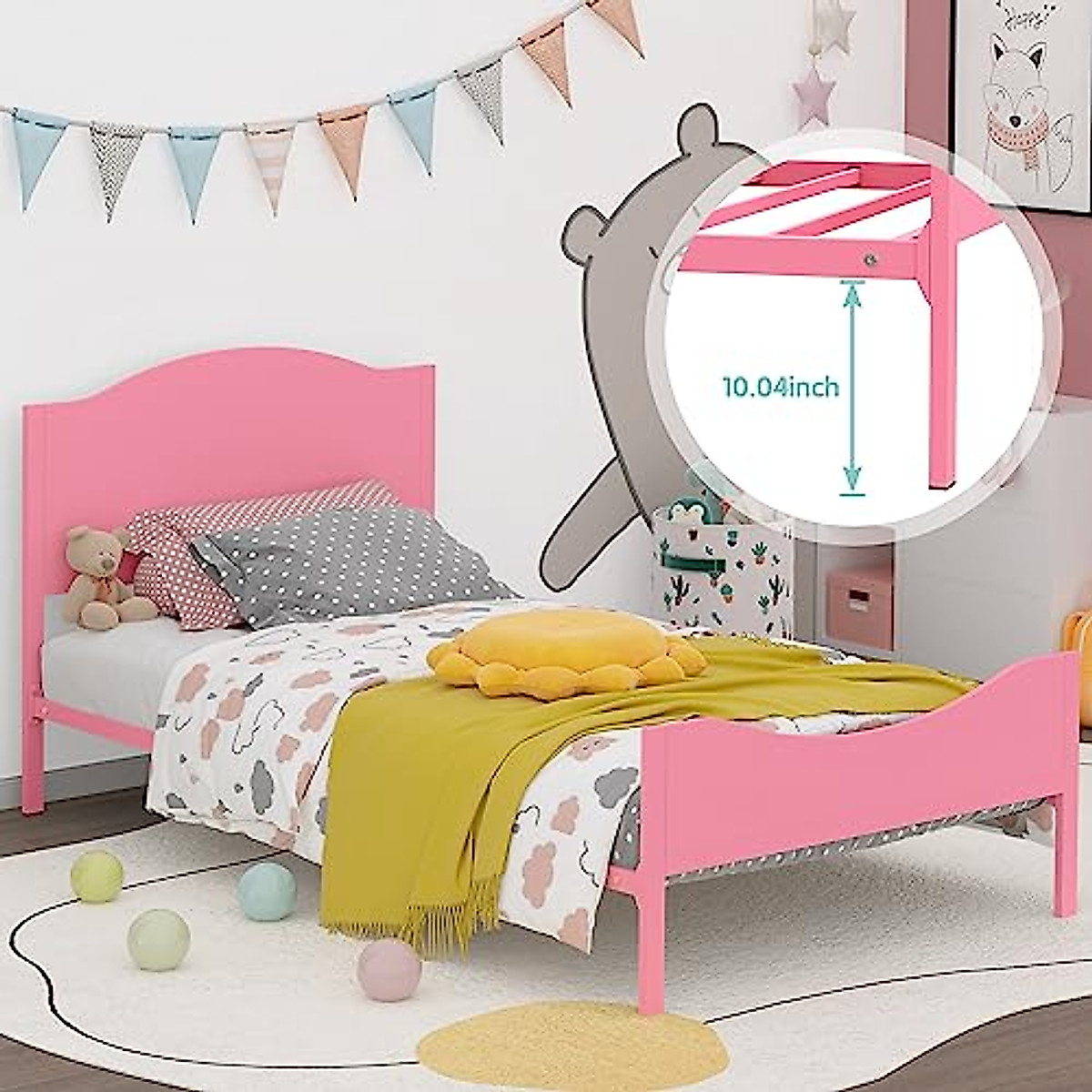 Timy Pink Kids Twin Bed Frame with Wooden Headboard and Footboard, Metal Platform Bed Frame for Boys Girls Teens Adults, Modern Kids Bed Furniture, No Box Spring Needed