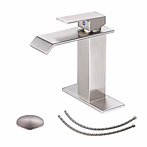 BWE Waterfall Bathroom Faucet Brushed Nickel with Pop Up Drain Stopper Overflow Assembly and Supply Hose Single Handle for Sink 1 Hole Bathroom Sink Faucet Parts Spout Bath Lavatory Vanity