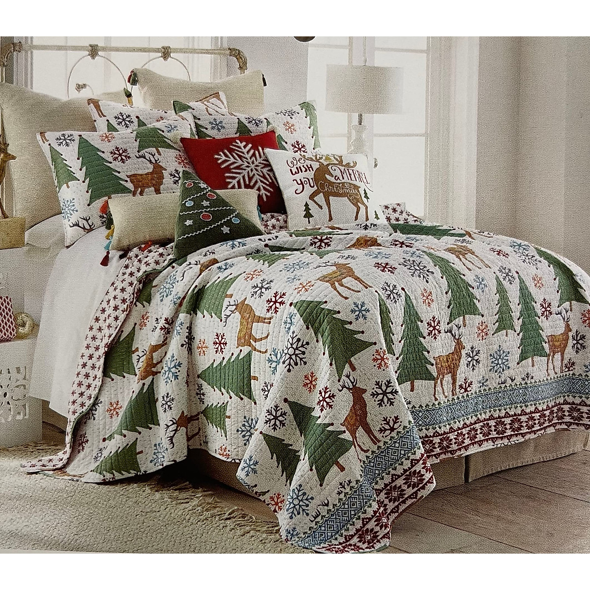 Levtex Home Merry & Bright Collecion - Tinsel Quilt Set - King/Cal King Holiday Quilt 106x92 and Two King Pillow Shams 20x36 - Folk Christmas Reindeer - Reversible