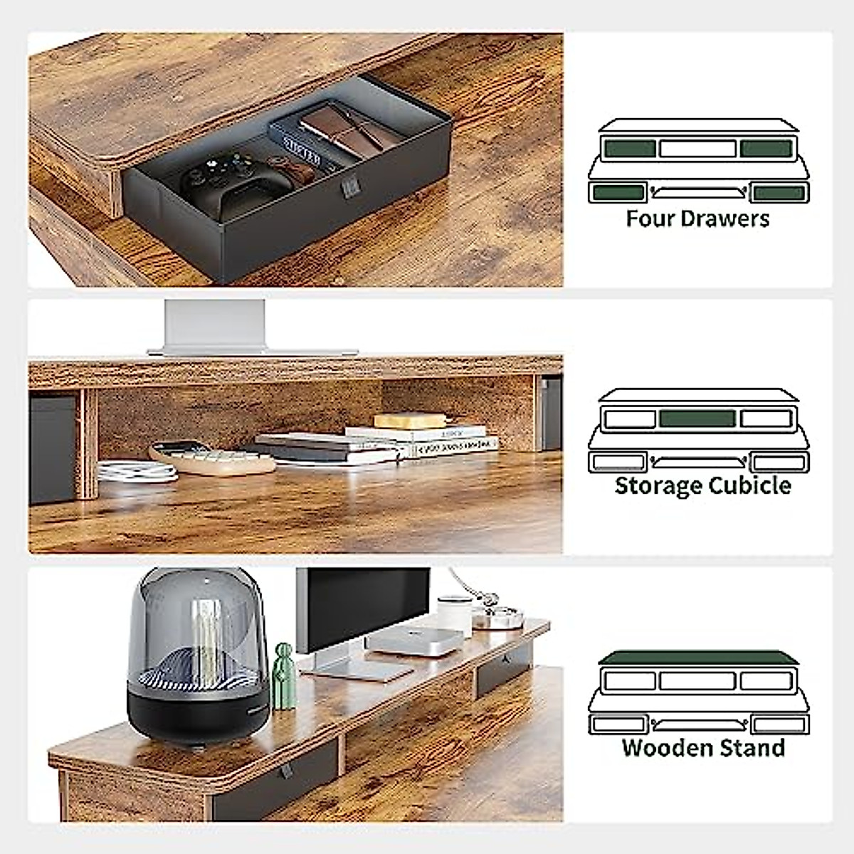 FEZIBO Height Adjustable Electric Standing Desk with 4 Drawers and Keyboard Tray, 55 x 24 Inch Table with Storage Shelf, Sit Stand Desk with Splice Board, Rustic Brown