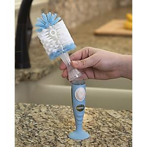 Nuby Easy Clean Dispensing Soft and Durable Bristle Bottle Brush with Textured Handles and Suction Base, 2 in 1 System, Green