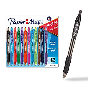 Paper Mate Profile Retractable Ballpoint Pens, Bold (1.4mm), Assorted Colors, 12 Count