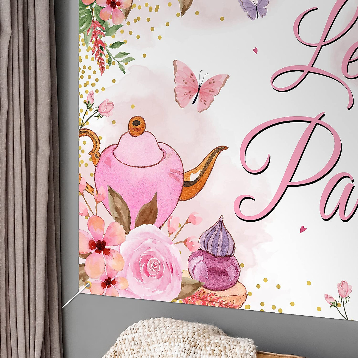 Let's Partea Backdrop Banner Decor Pink - Floral Tea Theme Happy Birthday Party Decorations for Women Girls Supplies