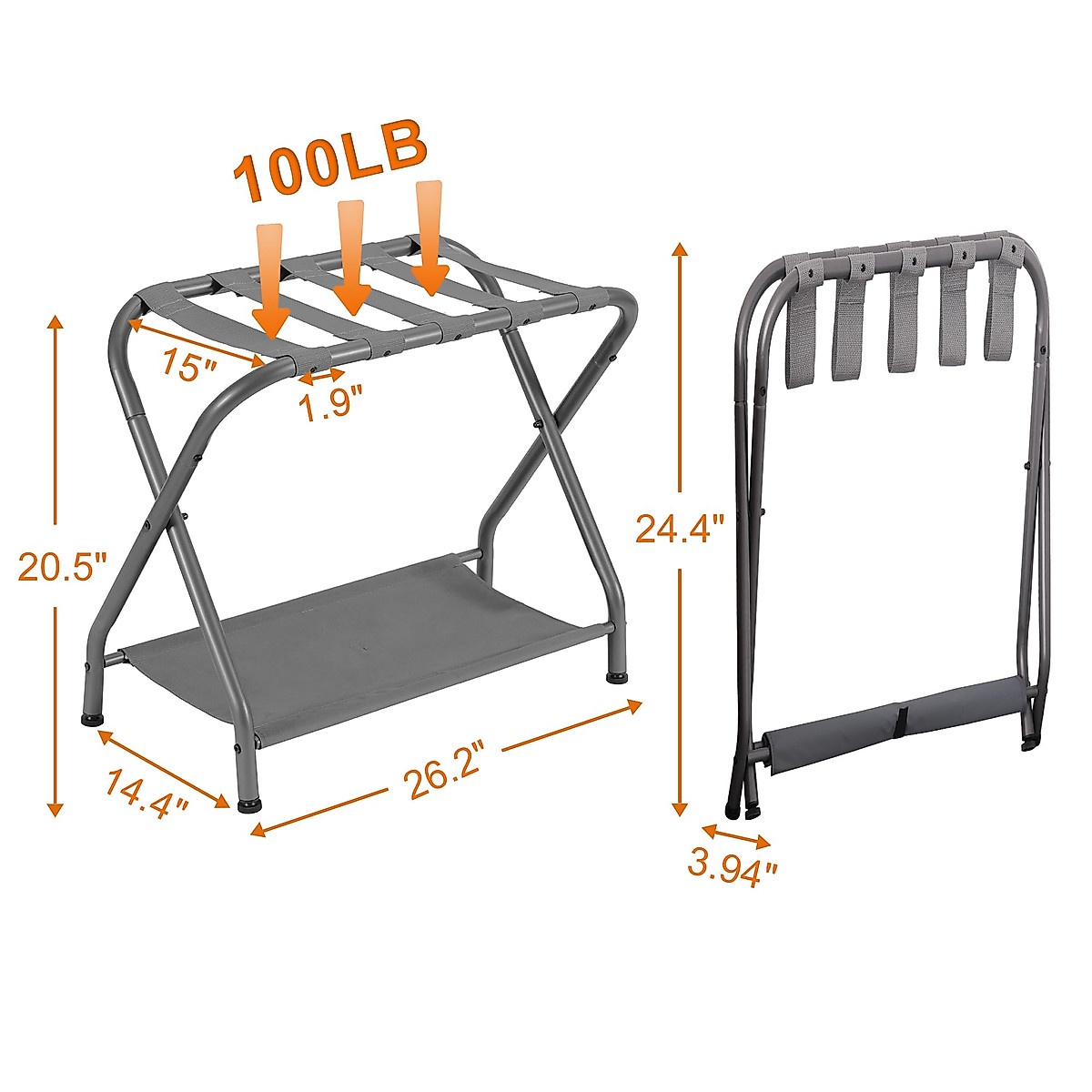Heybly Luggage Rack,Pack of 2,Steel Folding Suitcase Stand with Storage Shelf for Guest Room Bedroom Hotel,Gray,HLR002G2