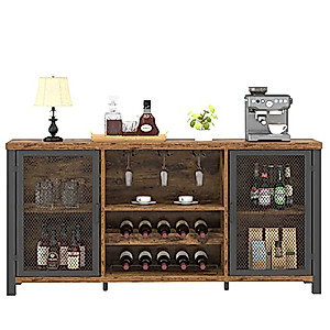 Launica Industrial Coffee Bar Cabinet, Wine Bar Cabinet for Liquor and Glasses, Liquor Cabinet with wine Rack Storage, Wood Metal Sideboard Buffet Cabinet for Home Kitchen Dining, Rustic Brown 55 Inch