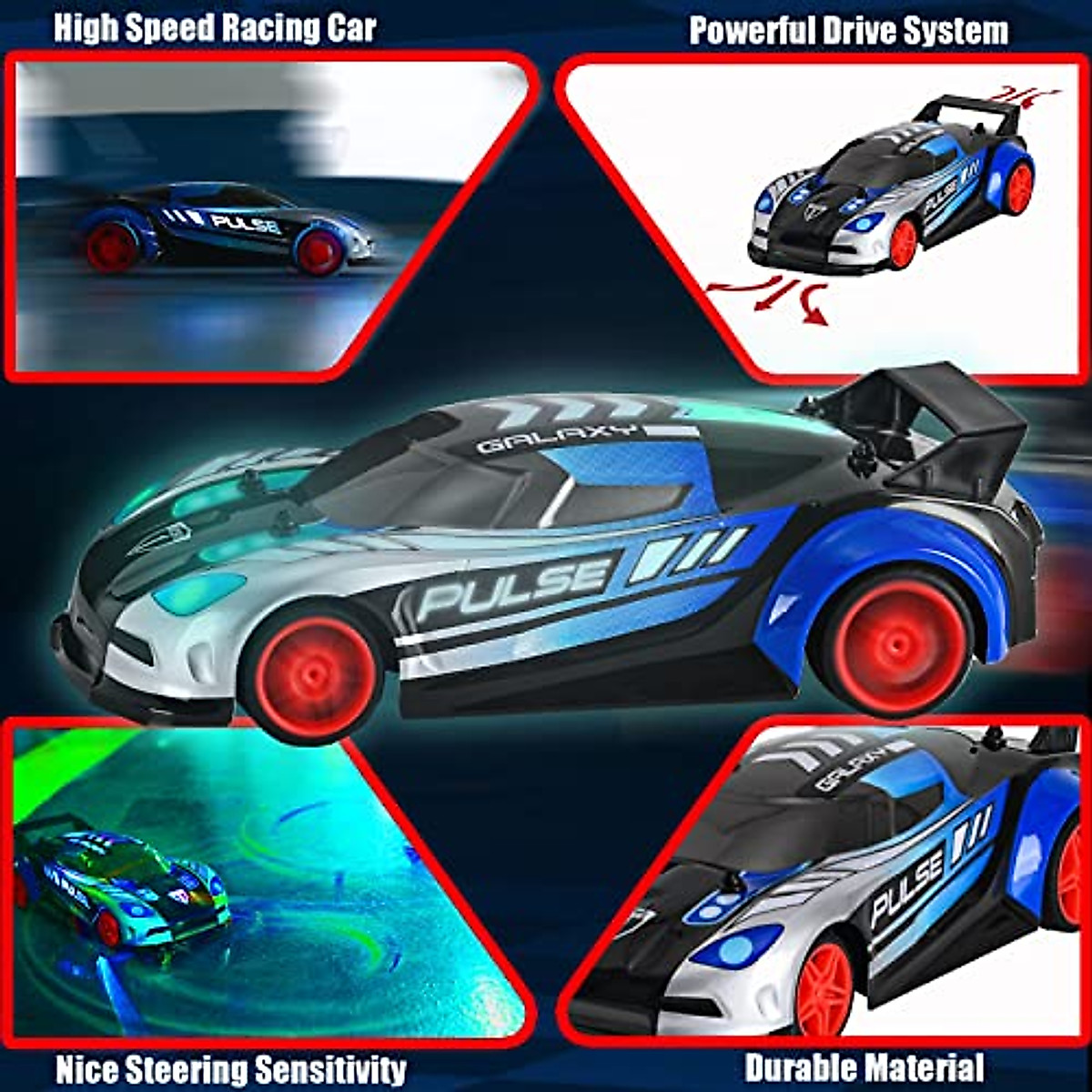 unanscre Light Up Remote Control Car for Kids, LED RC Cars with Music, 1/20 Cool Shell Race Drift Car Toys for Toddlers Boys Girls Age 6+