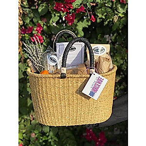 The African Home Goods Ghana Handmade woven Oval Dye Free Picnic shopping Baskets (Natural With Black Handles)